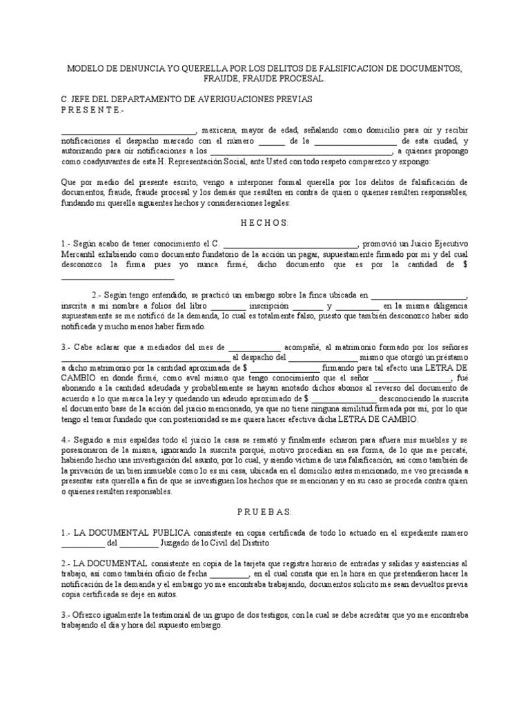Modelo de Denuncia Yo Querella Por Los Delitos de Falsificacion de Documentos | PDF | Queja