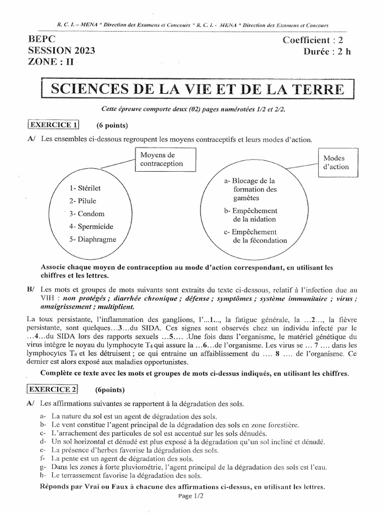 SUJET ET CORRIGE BEPC 2023 SVT Zone-2 COTE D'IVOIRE | PDF