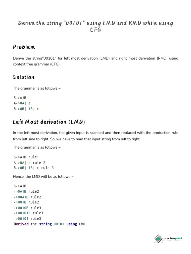 Derive the string 00101 using LMD and RMD while using CFG | PDF