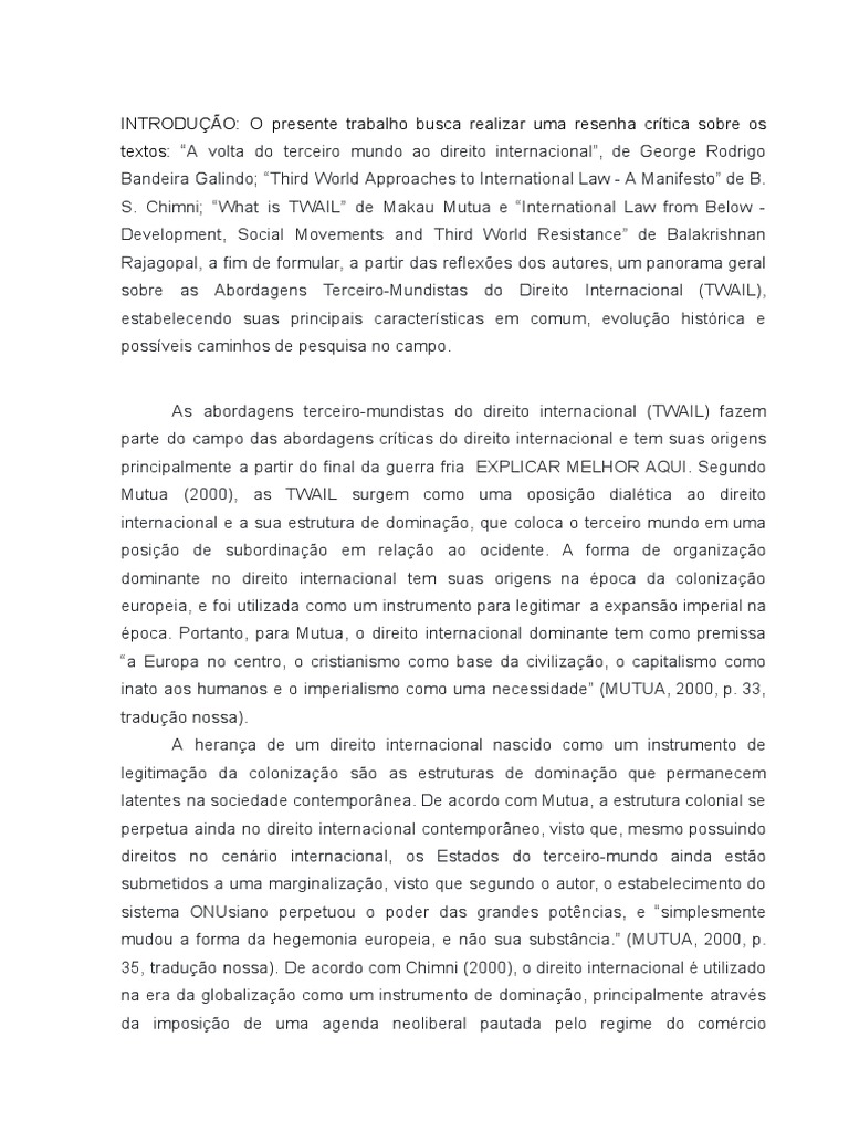 Resenha Crítica TWAIL | PDF | Estado | Sociologia