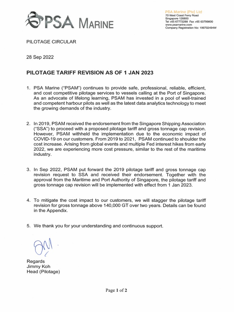 Pilotage Circular - Pilotage Tariff Revision as of 1 Jan 2023 | PDF
