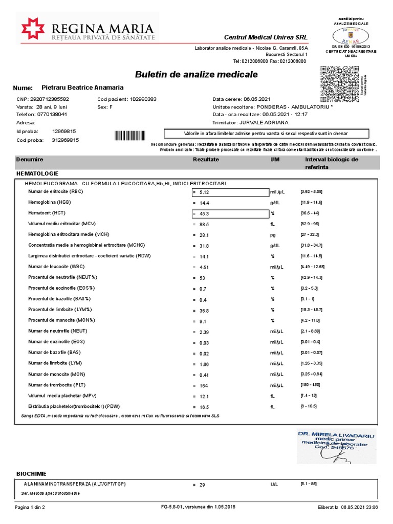 Buletin Analize 1626360624583 | PDF | Hematology | Blood