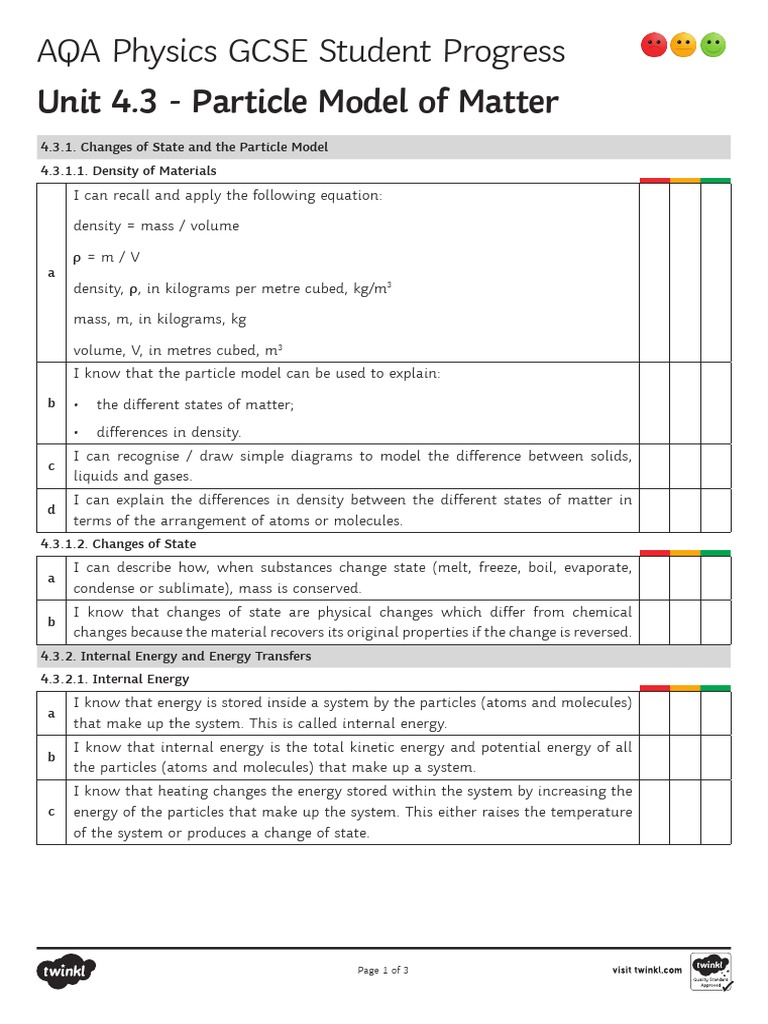 AQA Physics Unit 3 Particle Model of Matter Student Progress Sheet | Download Free PDF | Gases ...