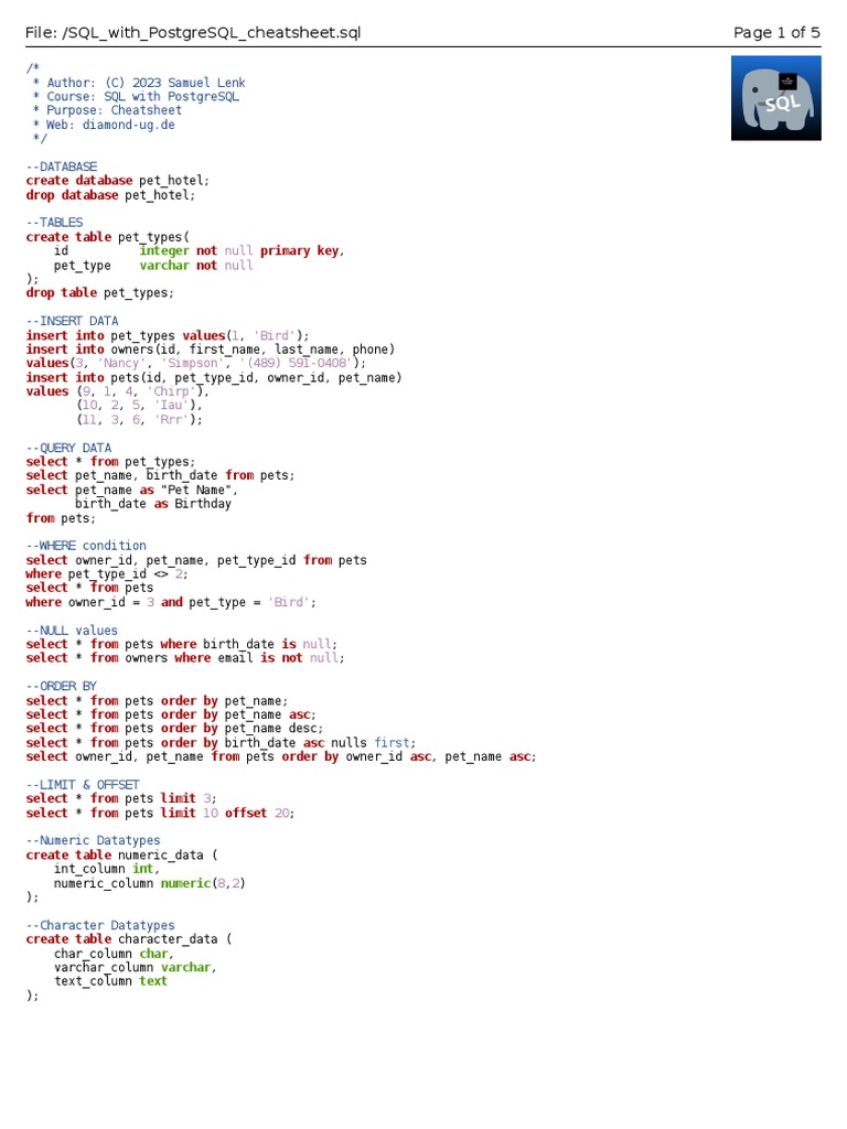70 Sql With Postgresql Cheatsheet Pdf Table Database Computer Programming 1825
