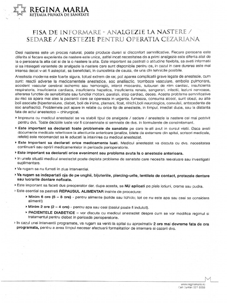 Fisa de informare analgezie la nastere sedare anestezie pentru operatia cezariana | PDF