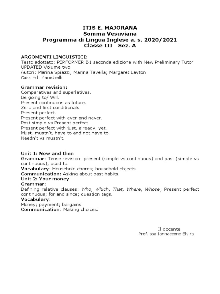 Programma Classe III Sezione A 2020-2021 | PDF