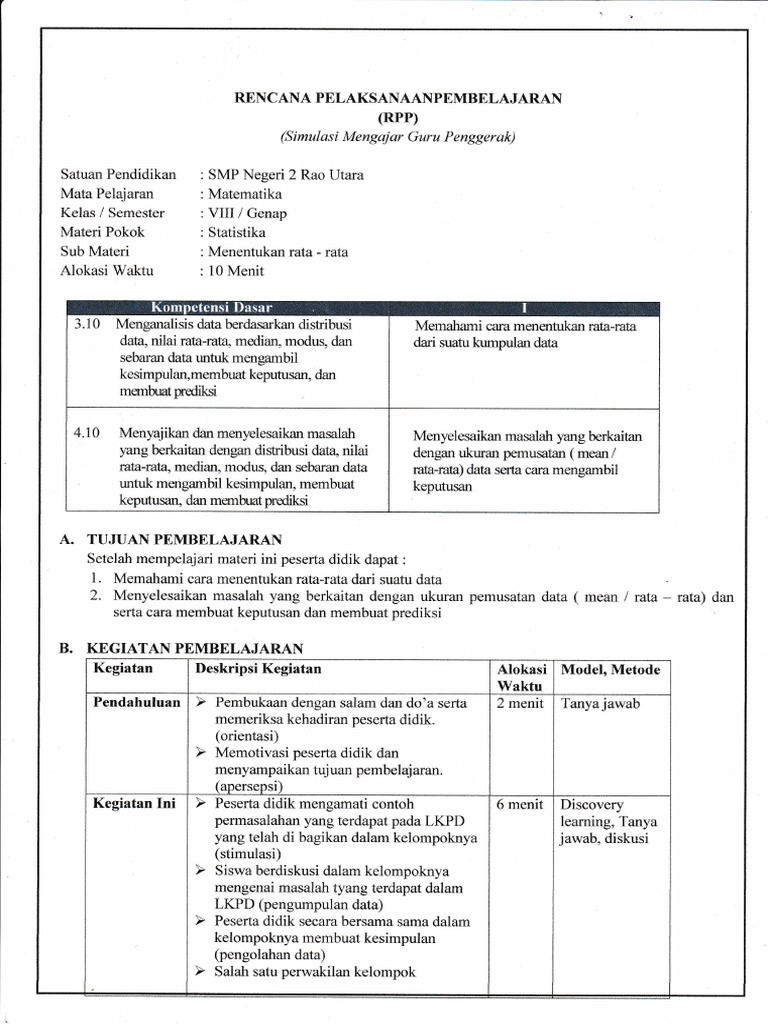 RPP Matematika SMP Kelas 8 Materi Statistika | PDF