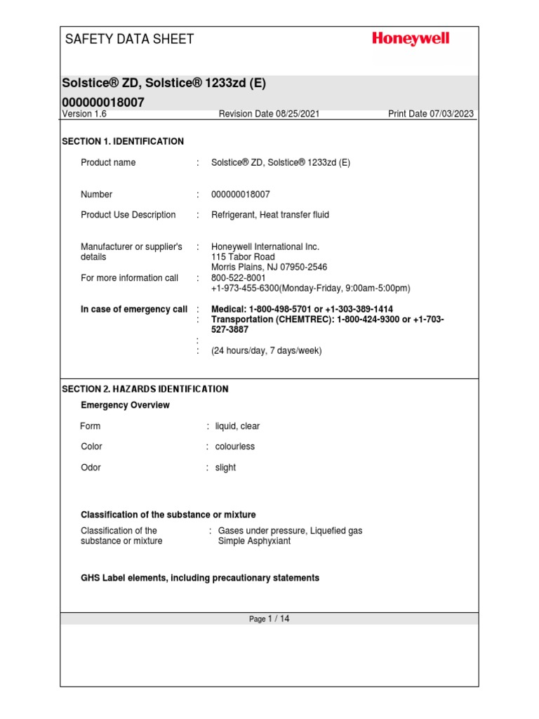 SDS R1233zd | PDF | Mutagen | Firefighting