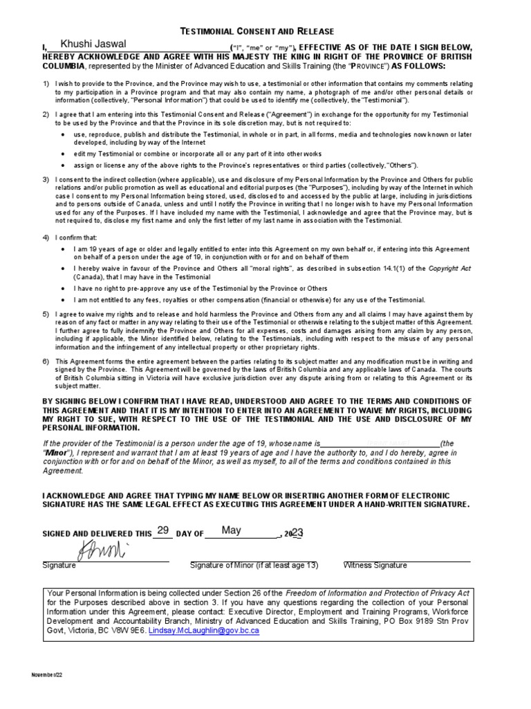 8) Testimonial Consent and Release - Fillable Digital Signature 2 | PDF ...