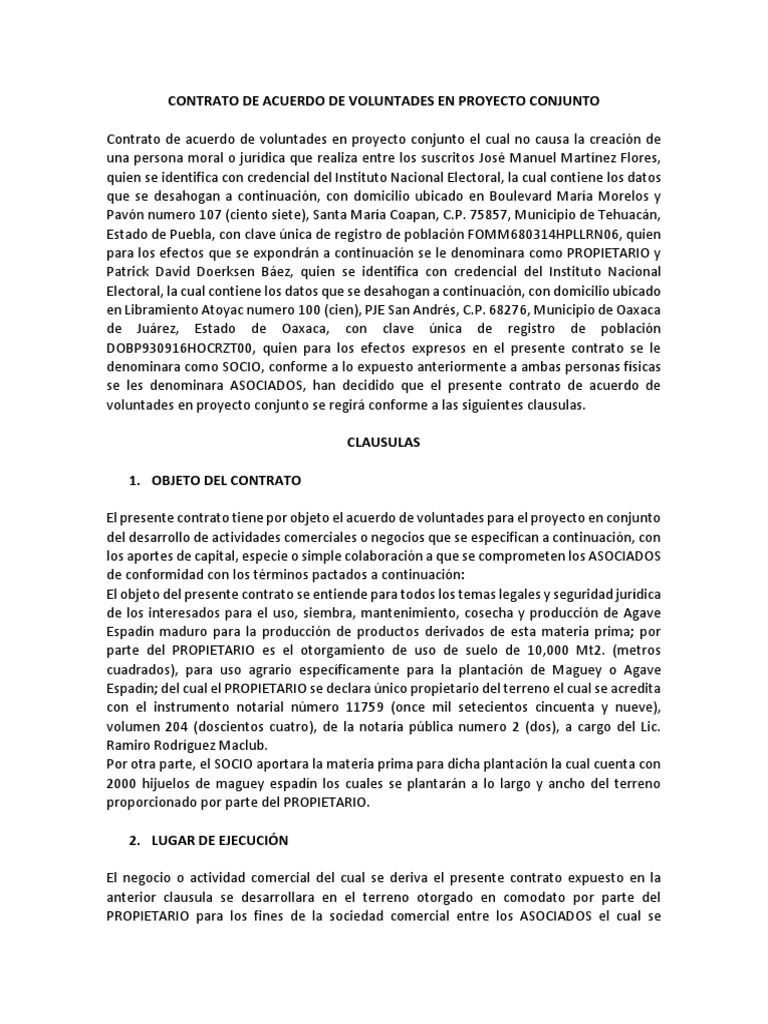 Contrato de Acuerdo de Voluntades en Proyecto Conjunto | PDF ...