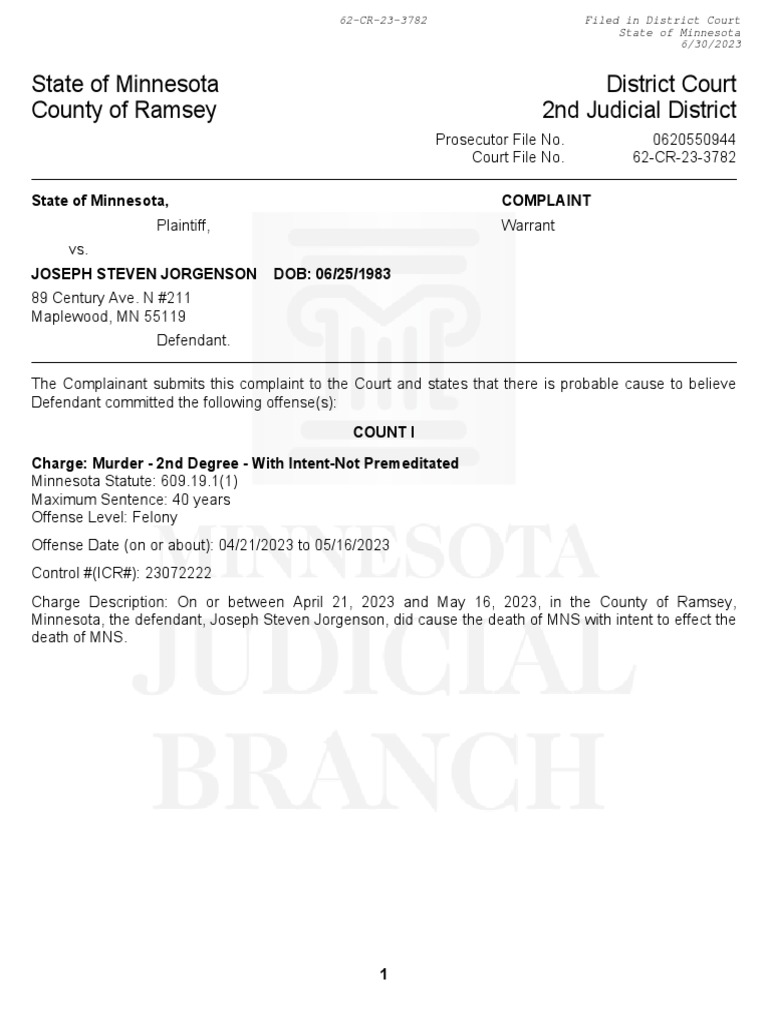 Jorgenson Charged with Murder in MN | PDF | Arrest Warrant | Bail