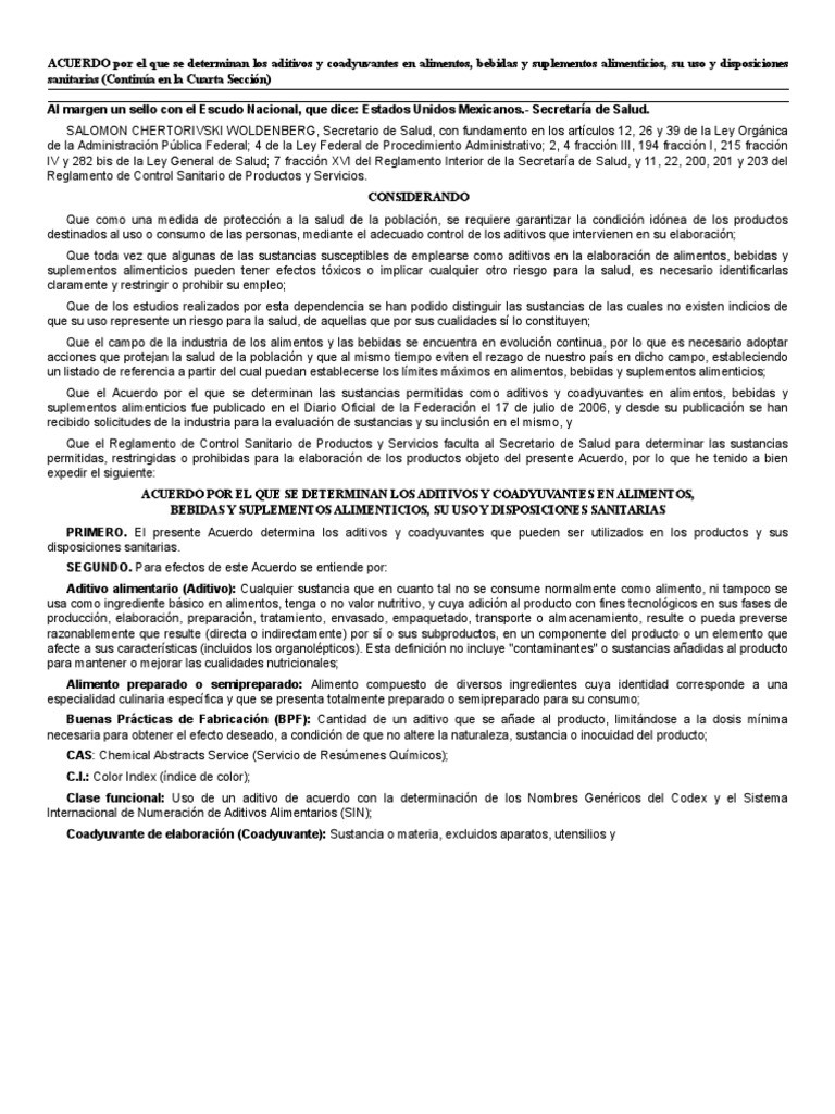 Acuerdo aditivos y coadyuvantes suplementos alimenticios | PDF ...