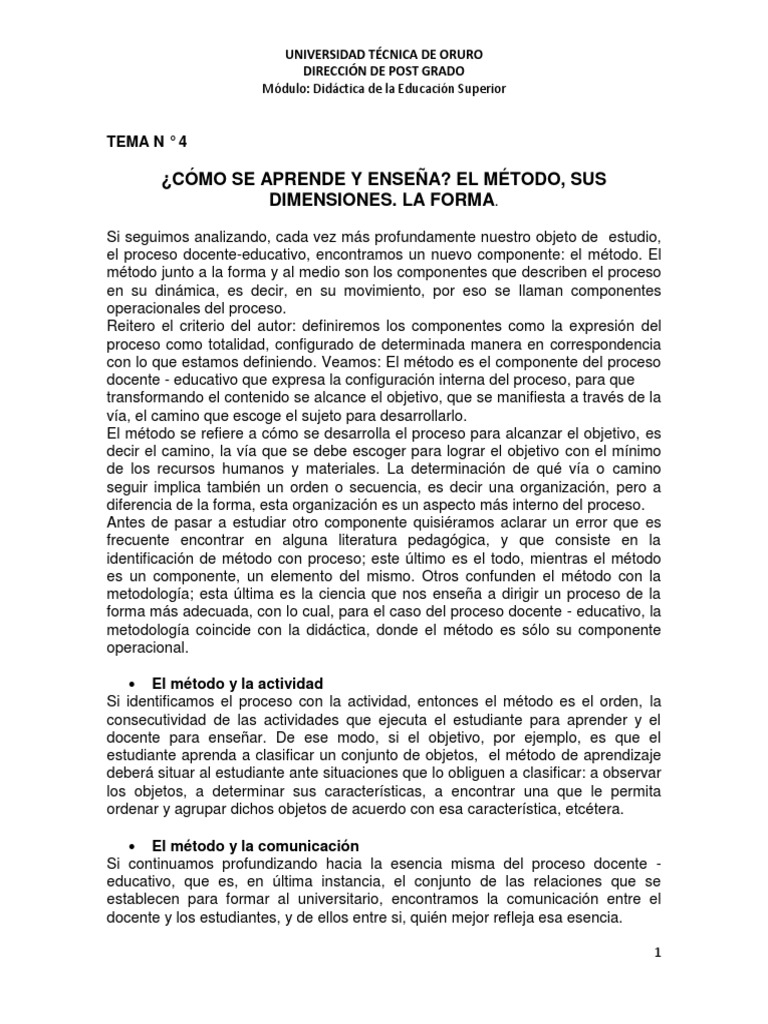 Tema N 4 Como Se Aprende y Ensena El Metodo Sus Dimensiones. La Forma - Didact. h1 | PDF ...