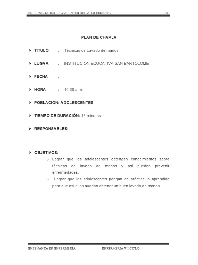 PLAN de CHARLA Lavado de Manos | PDF | Lavado de manos | Higiene