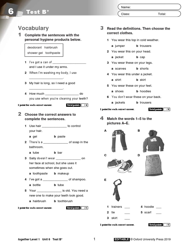 Level 1 Unit 6 Test B: Vocabulary & Grammar | PDF | Clothing