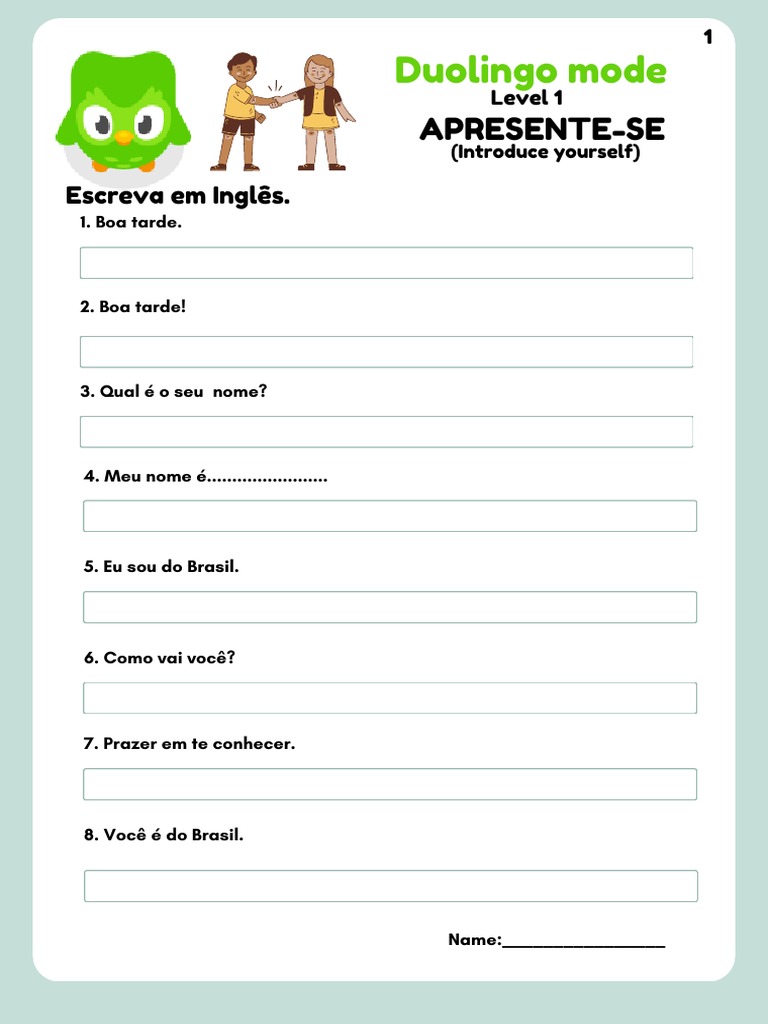 Apresente-Se Worksheet Duolingo Level 1 | PDF