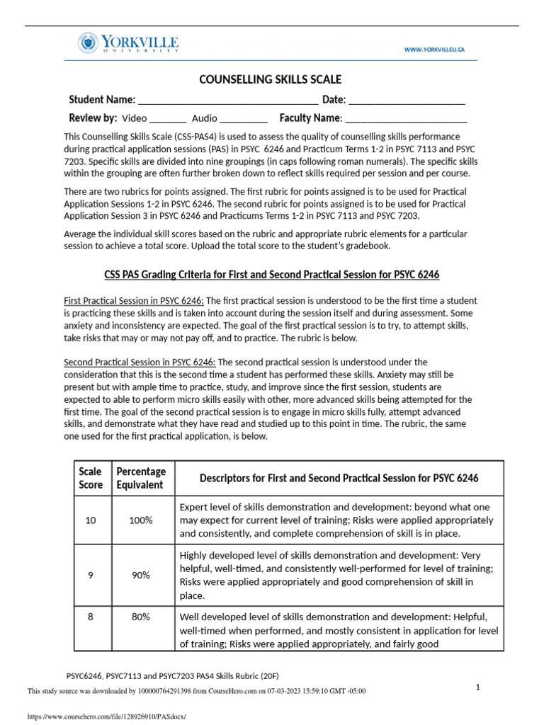 Counselling Skills Scale: PSYC6246, PSYC7113 and PSYC7203 PAS4 Skills Rubric (20F) 1 | PDF ...