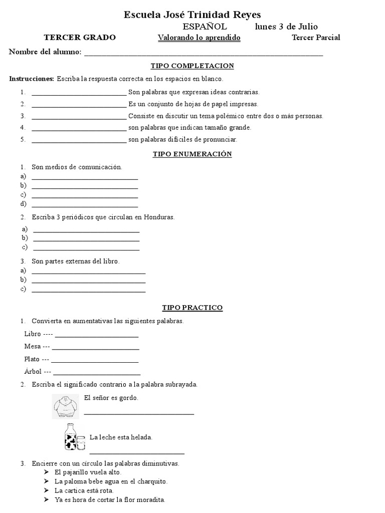 Examen de Español Tercer Grado | PDF