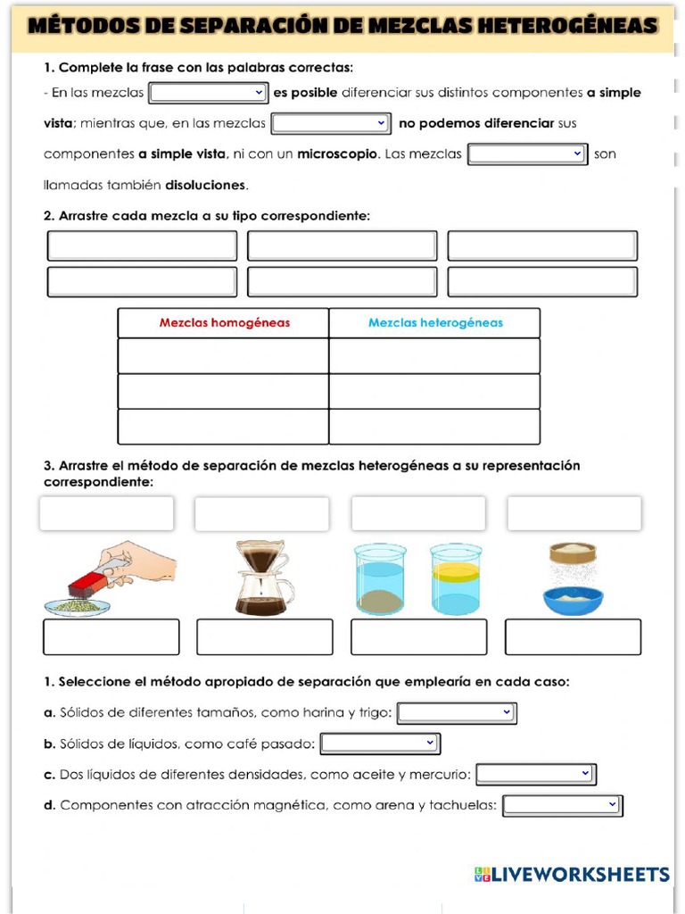 Ejercicio de Métodos de separación de mezclas heterogéneas | PDF