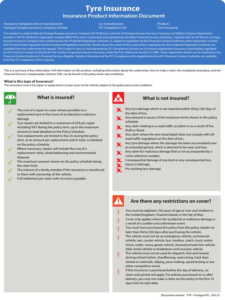Tyre IPID Oct 22 | Download Free PDF | Insurance | Tire