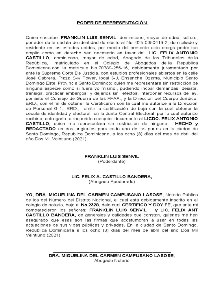 Poder Notarial de Representación Legal | PDF | República Dominicana ...
