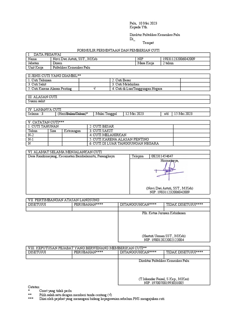 Formulir Cuti PNS Novi Dwi Astuti | PDF