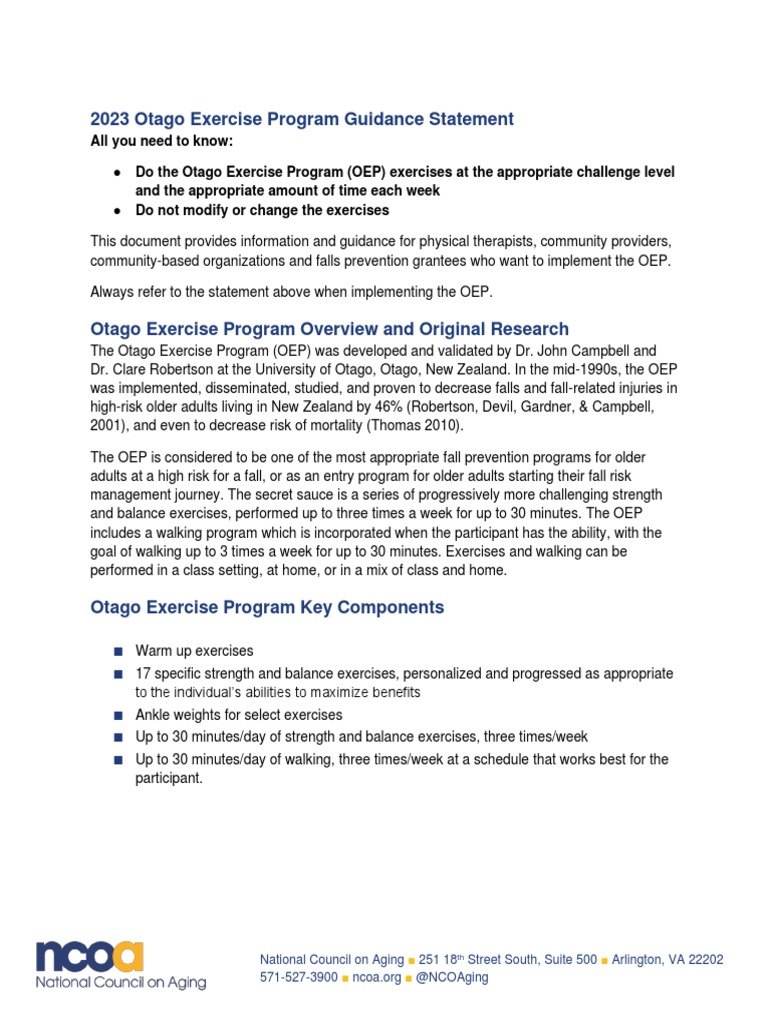 Otago Exercise Program Implementation Guide | PDF | Physical Therapy ...