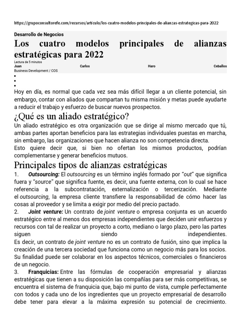7. Cuatro Modelos Alianzas Estratégicas | PDF | Outsourcing | Proyecto conjunto