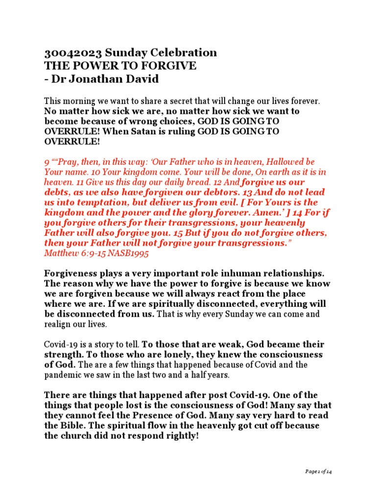 Sunday Celebration THE POWER TO FORGIVE DR Jonathan David | PDF | Jesus ...