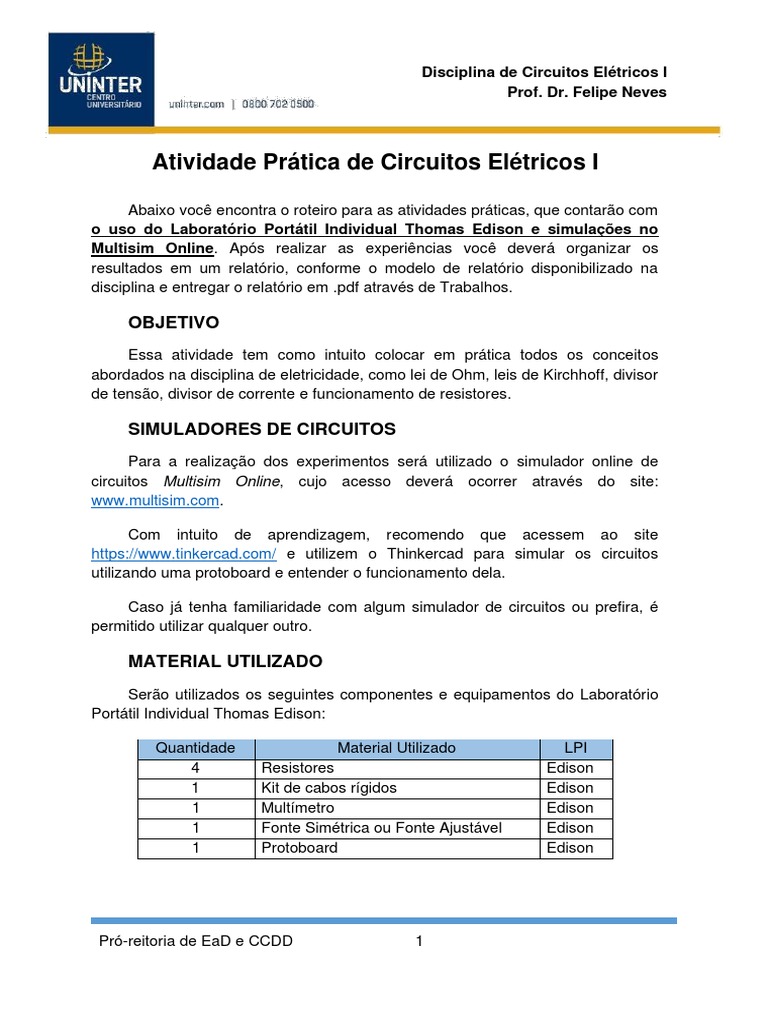 ATIVIDADE PRATICA - Modulo B 2023 Fase I - ROTEIRO DE EXPERIMENTO - COM KIT | PDF | Rede ...