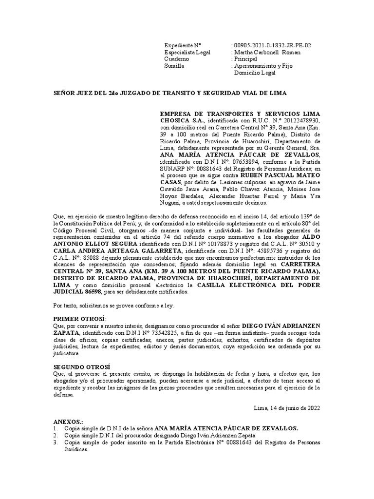 Modelo de Escrito Apersonamiento Exp. 00169-2020 (Caso ET Lima Chosica) | PDF | Justicia ...