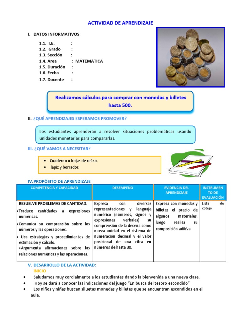 D2 A1 SESION MAT. Realizamos cálculos para comprar con monedas y ...