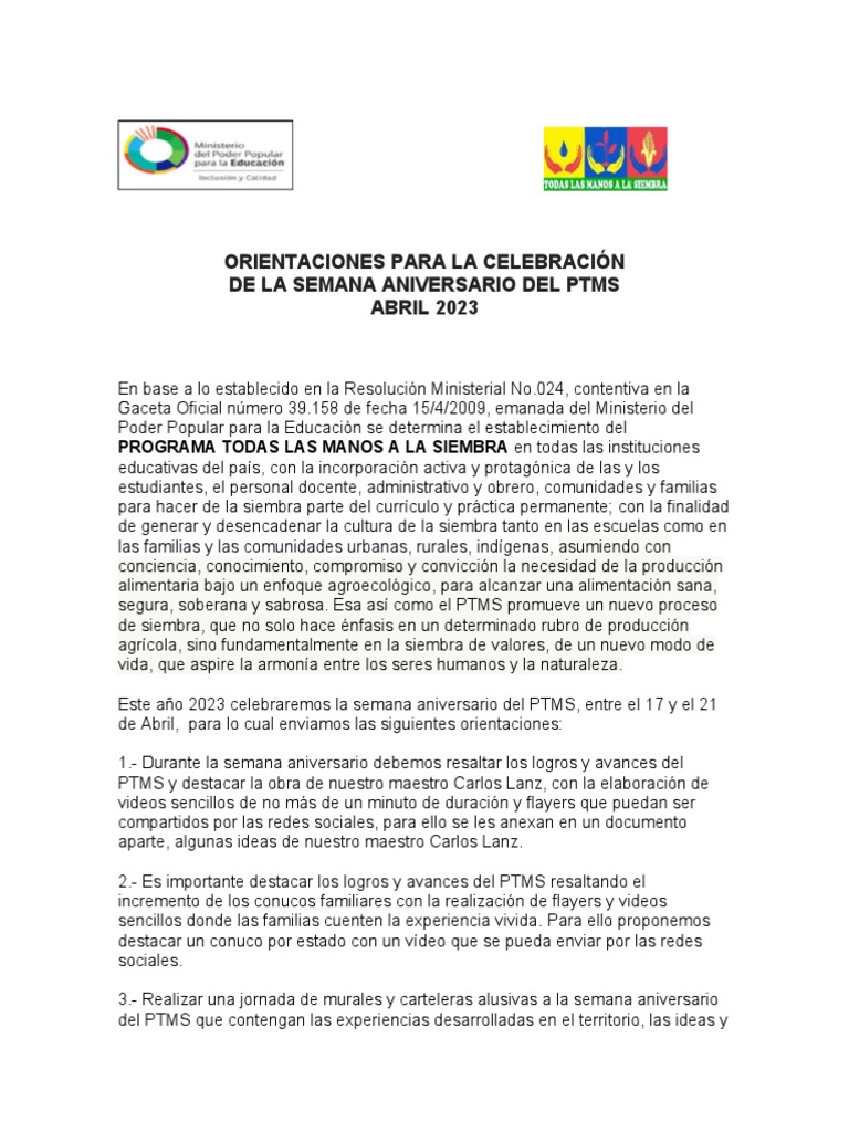 orientaciones semana aniversario PTMS 2023 | PDF | Comida y bebida