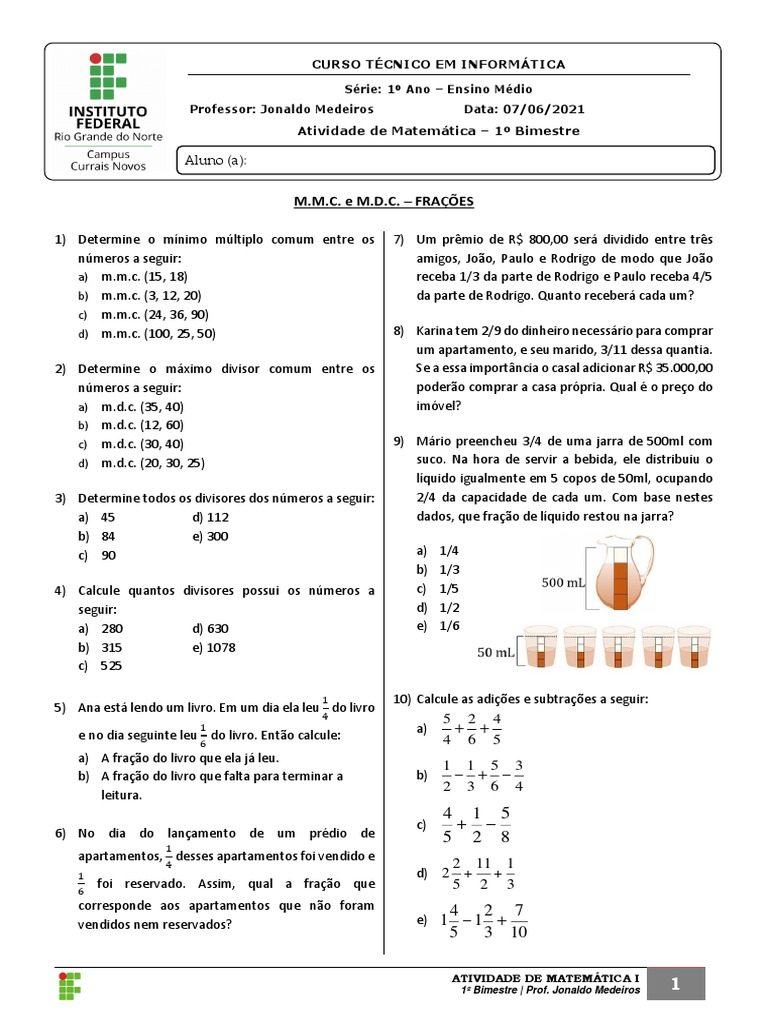 Atividades de MMC e MDC para 5º Ano | PDF | Aritmética | Matemática