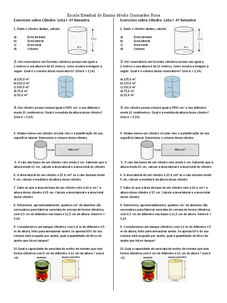 Exercícios Sobre Cilindro-Lista I | Download grátis PDF | Formas geométricas | Objetos geométricos