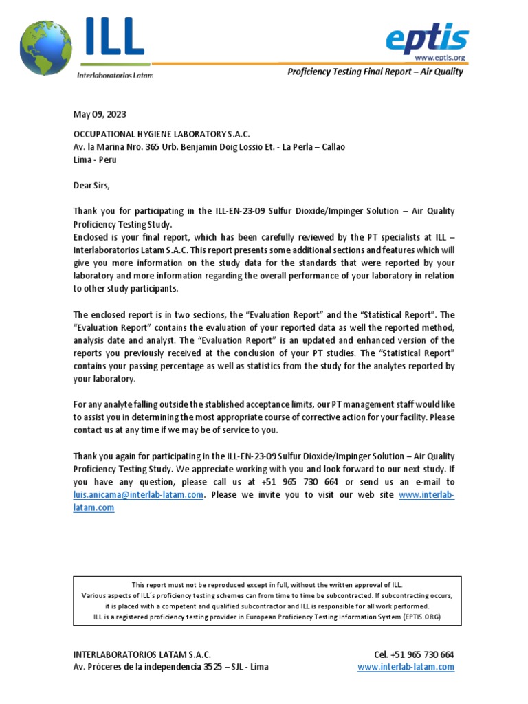 Final Report - Sulfur Dioxide Impinger Solution | PDF | Laboratories