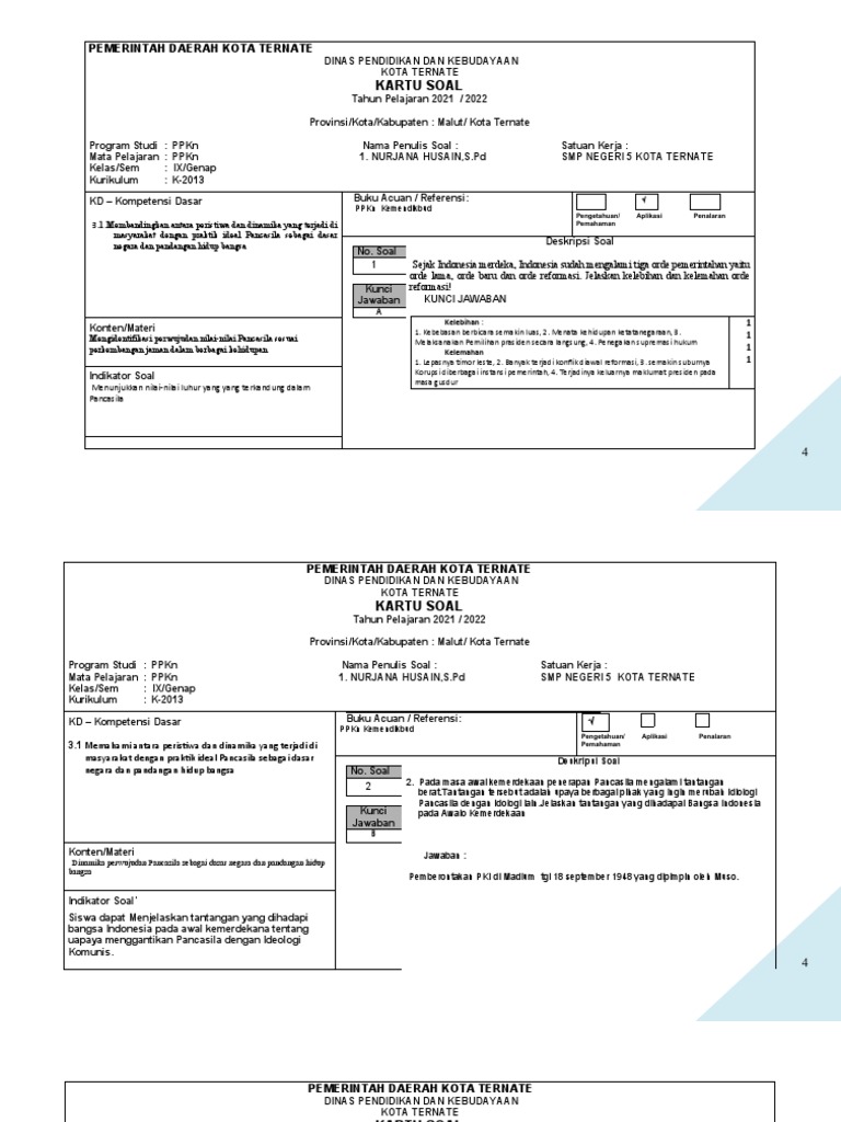 Kartu Soal Pas Ix Ganjil 45 Jana - Iksan 2022 | PDF