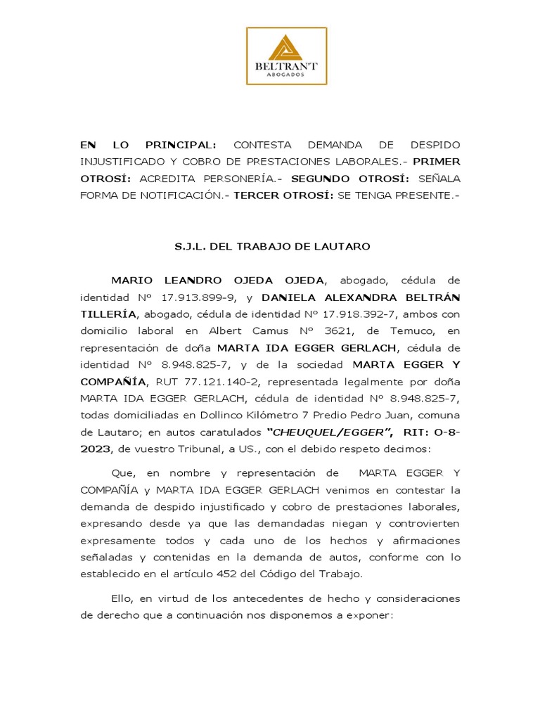 Contestacion Marta Egger | PDF | Outsourcing | Derecho laboral