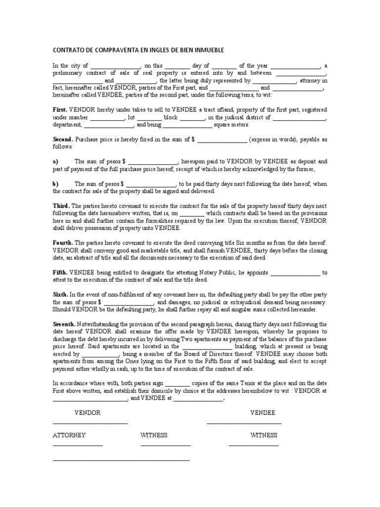 Contrato de Compraventa en Ingles de Bien Inmueble | PDF | Property Law ...