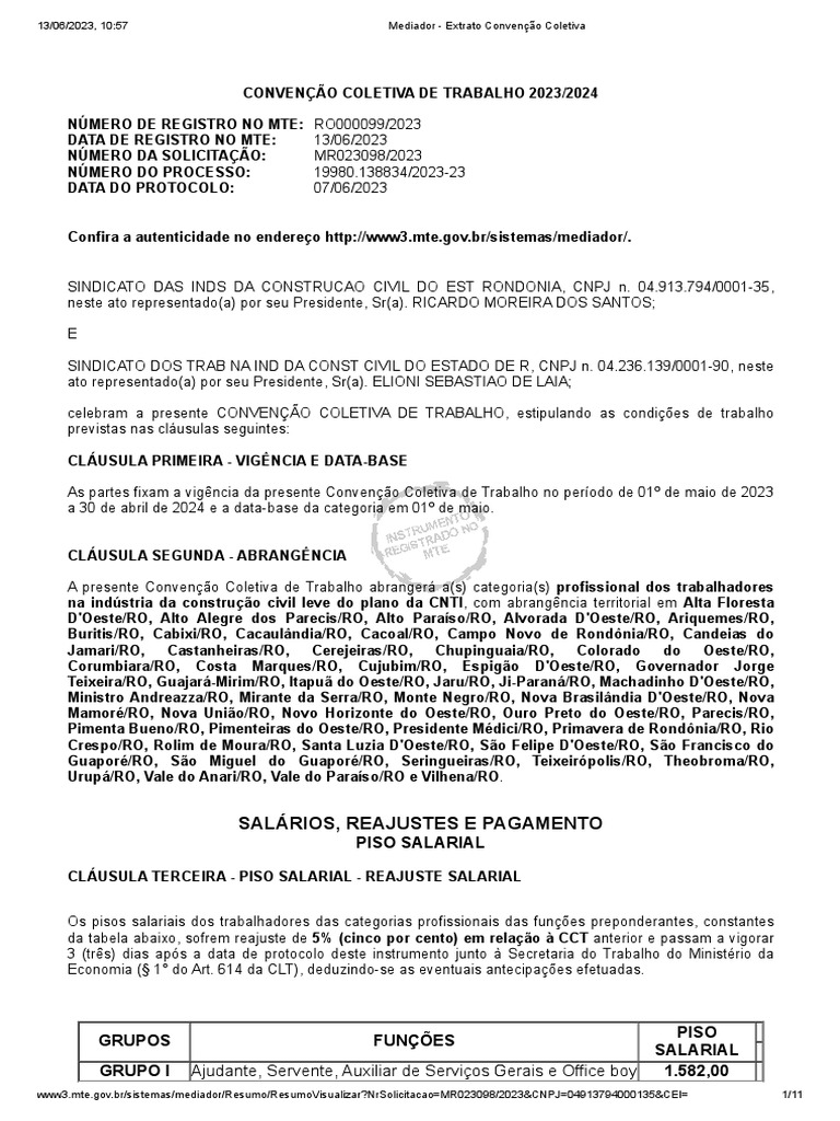 CCT-RO-2023-x-2024-REGISTRADA | PDF | Sindicato | Acordo coletivo