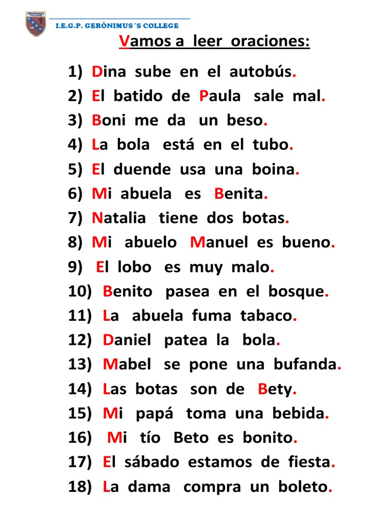 ORACIONES. Ba Be Bi Bo Bu | PDF