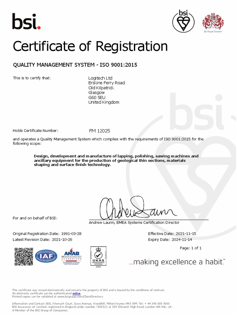 ISO 9001:2015 Certification for Logitech Ltd | PDF