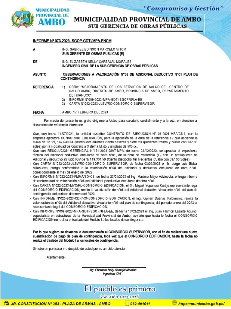 INFORME N°073-2023 observaciones de valorizacion n°08 de adicional deductivo n°01 centro de ...