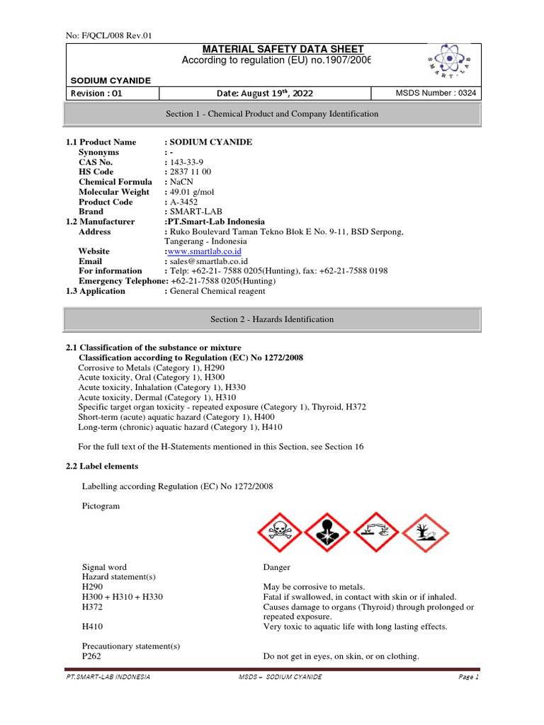 Sodium Cyanide MSDS by Smart-Lab | PDF | Toxicity | Personal Protective ...