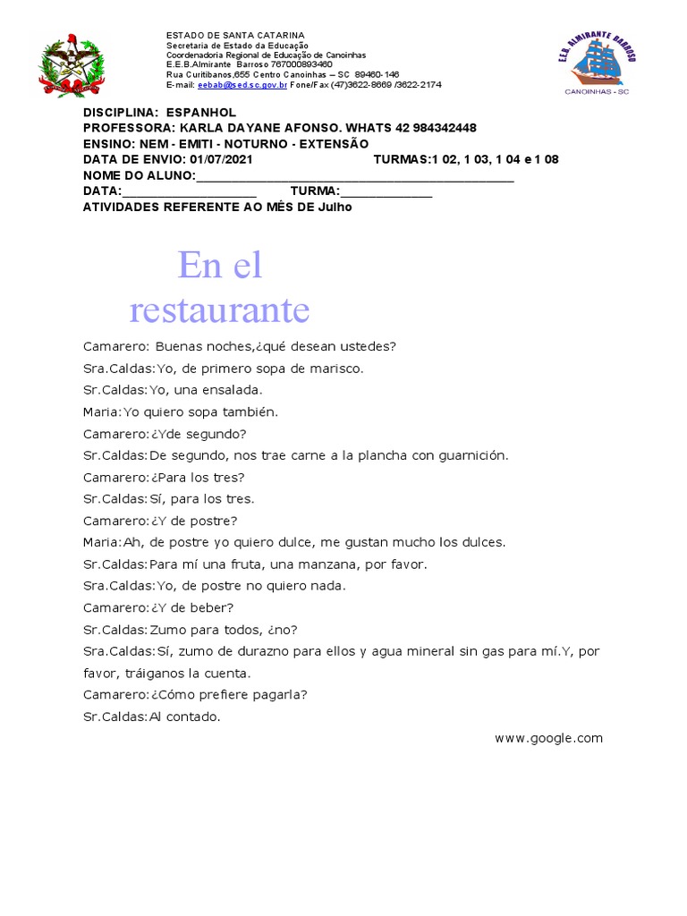 1 ANO- ESPANHOL Ativ.JULHO | PDF | Cocinando | Comida y bebida