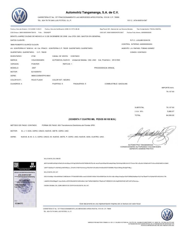 Factura Pointer 2007 SLP Tangamanga Volkswagen | PDF | Vehículos terrestres | Vehículos