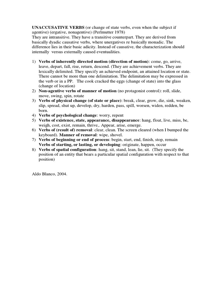 Aldo Blanco - Unaccusatives - Classification | PDF | Language Arts ...