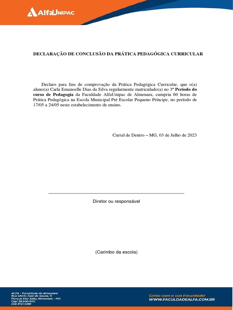 Anexo 5 - Declaração de Conclusão Da Prática Pedagógica-1 | PDF Anexo 5 - Declaração de Conclusão Da Prática Pedagógica-1 | PDF