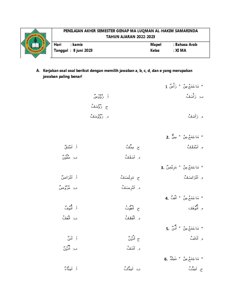 SOAL UJIAN BAHASA ARAB KELAS 10,11,12 | PDF