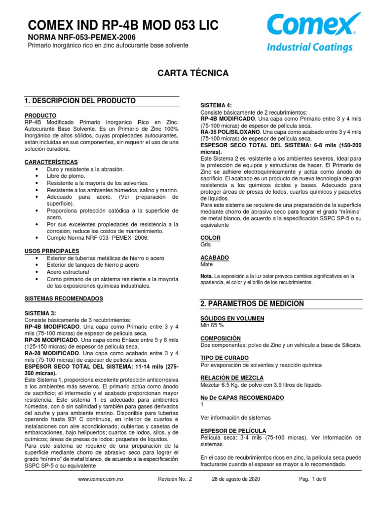 Comex Ind Rp-4B Mod 053 Lic: Carta Técnica | PDF | Zinc | Química